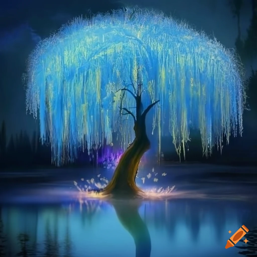 Mystical radiant weeping willow with glowing gold and blue canopy on ...