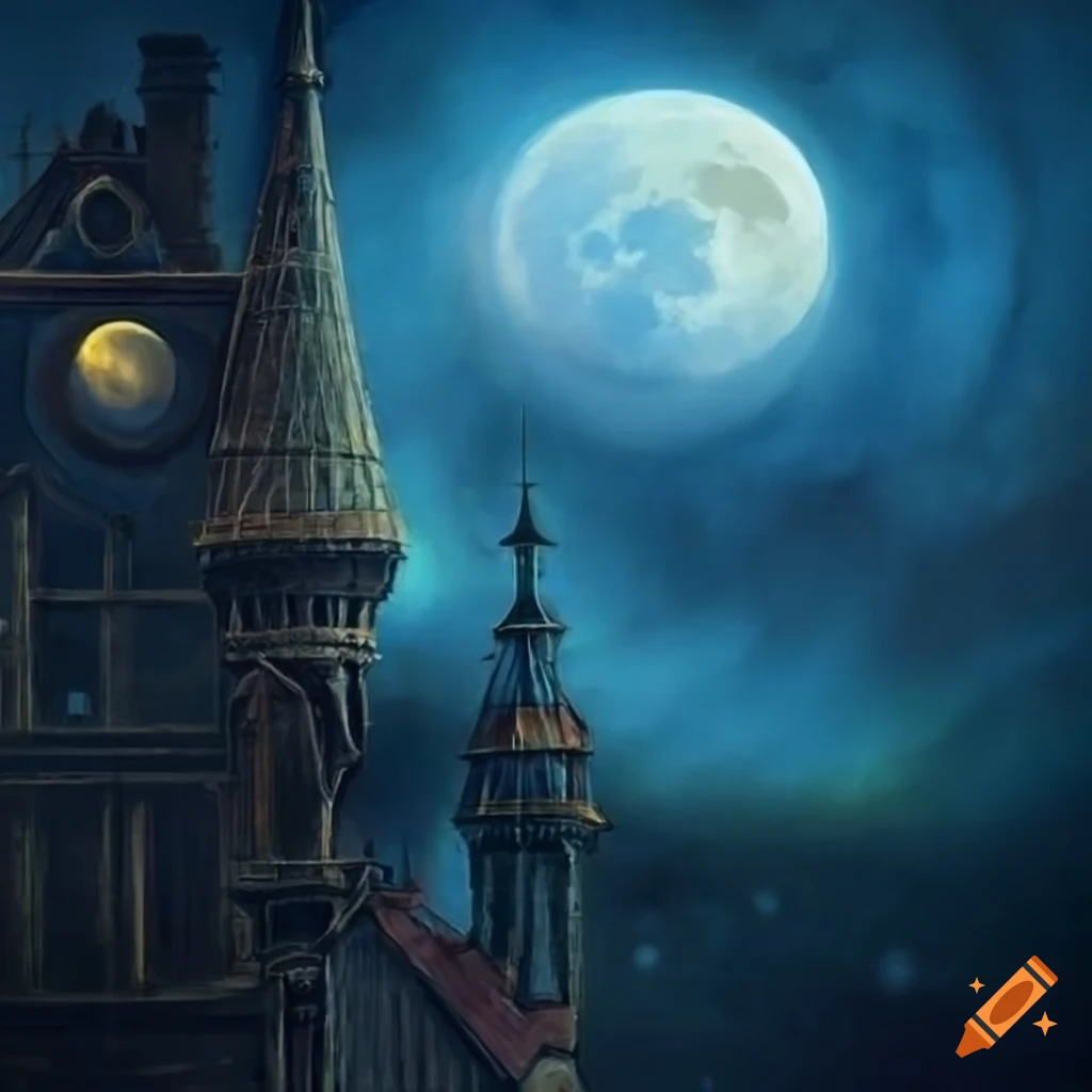 Detailed magic airship with lights in windows in a moonlit night on Craiyon