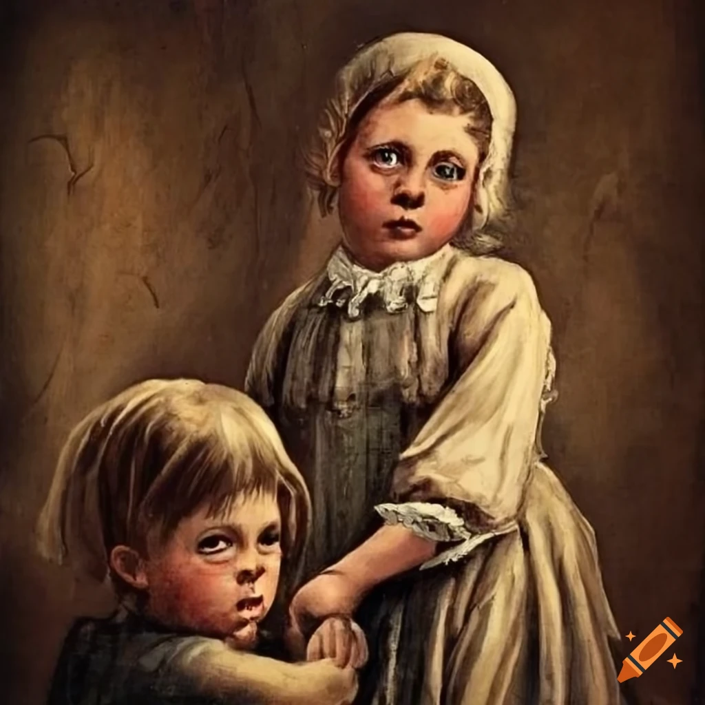 Two scared victorian children in a crowded workhouse setting on Craiyon