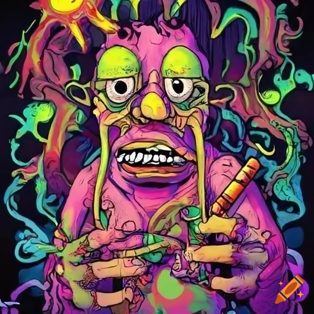 Psychedelic cartoon weed character with smoking pipe on Craiyon