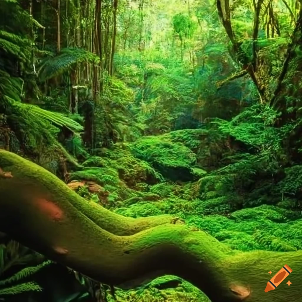 Lush colorful rainforest with an open area on Craiyon