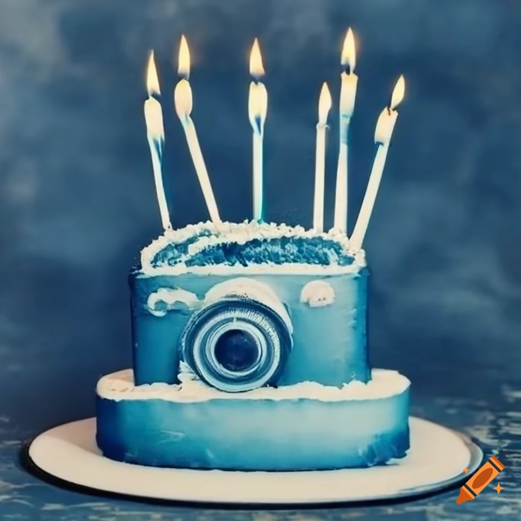 System camera shaped birthday cake with candles in cyanotype style on ...
