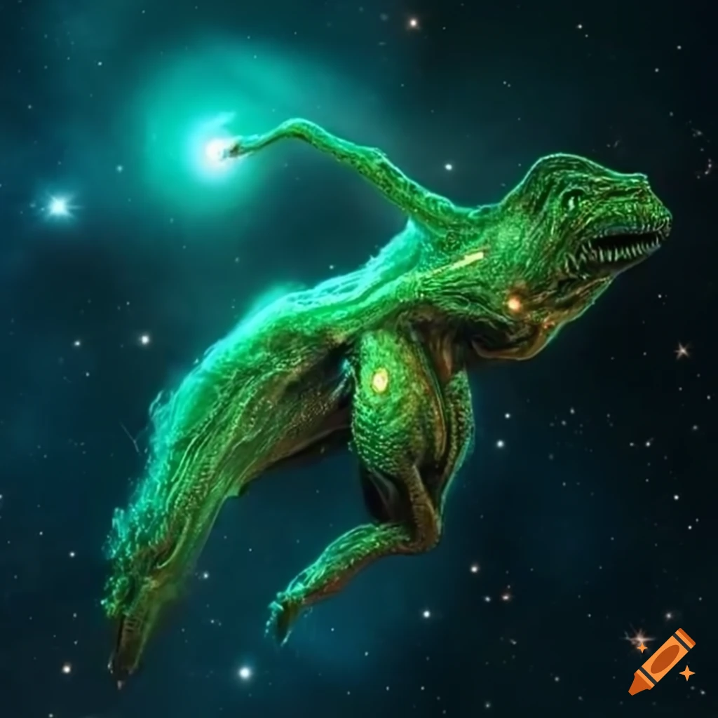 Colossal green alien creature soaring in space among nebulae and stars ...