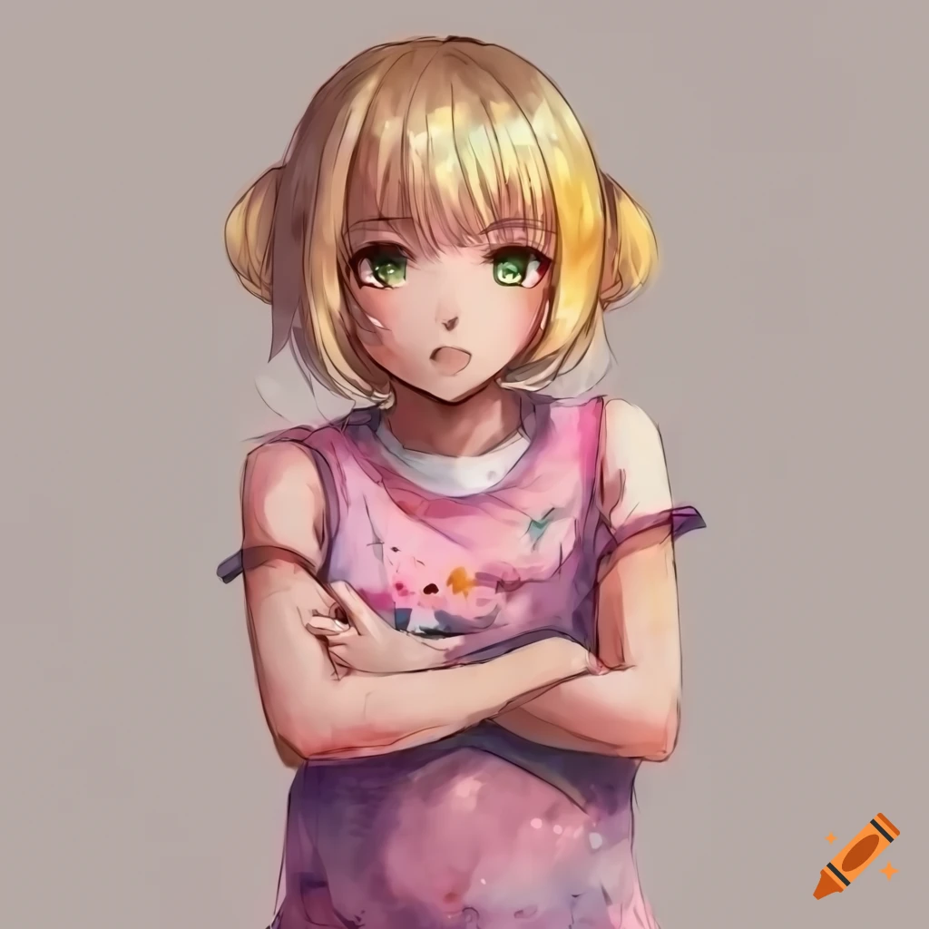 Anime Girl With Blonde Hair And Green Eyes In A Pink Sleeveless T Shirt Arms Crossed On Craiyon