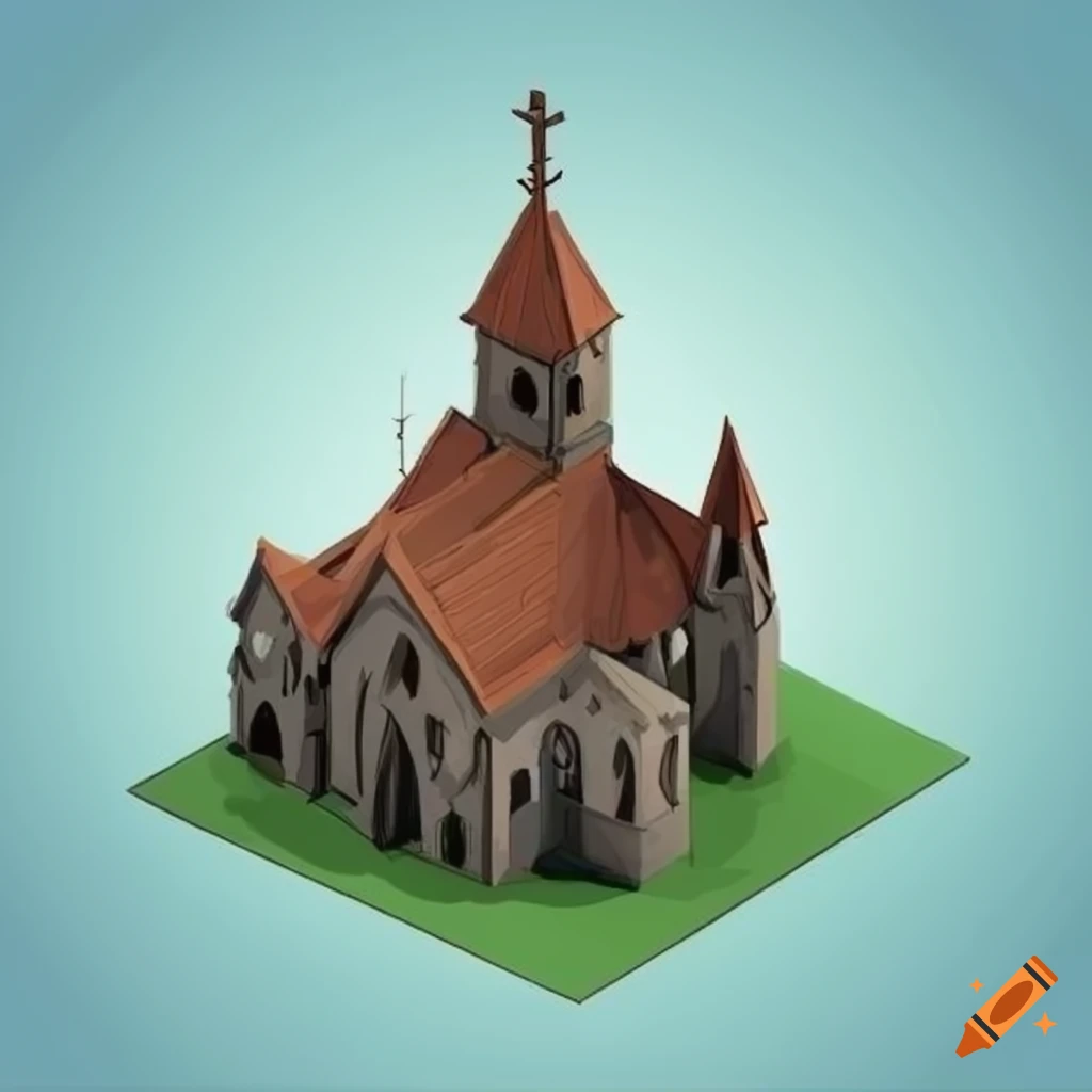 Medieval church in isometric 2d view on Craiyon