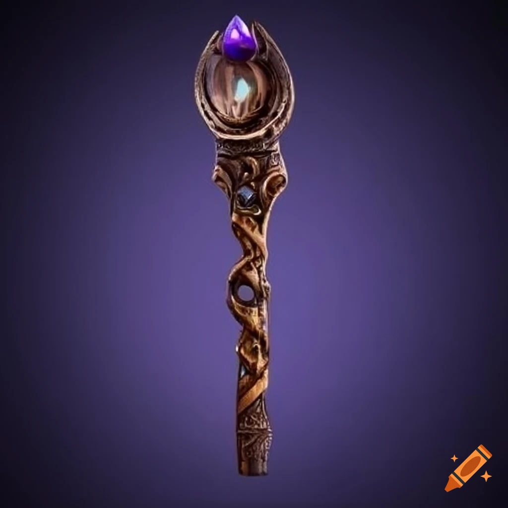 Ornate wooden staff with a shimmering deep purple crystal and intricate ...