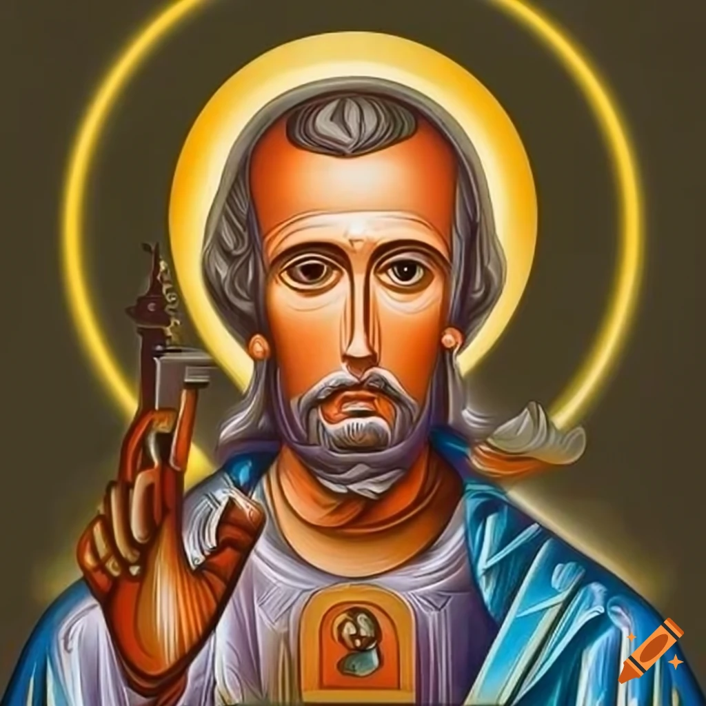 Religious saint icon with yellow halo looking serious holding a Colt ...