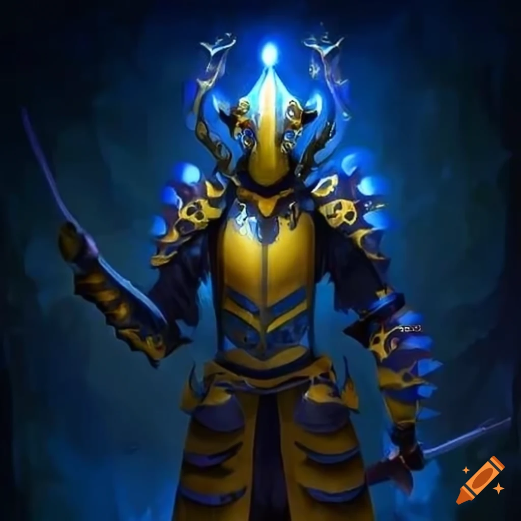 Fantasy warrior in bee armor with blue and yellow colors on Craiyon