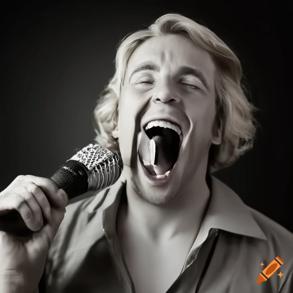 Blonde male comedian laughing on stage with a microphone on Craiyon