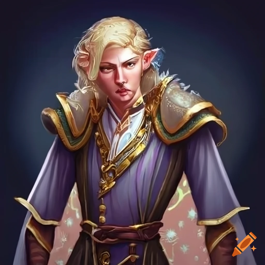 Noble half-elf exuding aristocratic confidence with radiant light blond ...