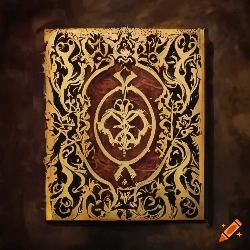 Intricately designed book cover with symbols and vines for a historical ...