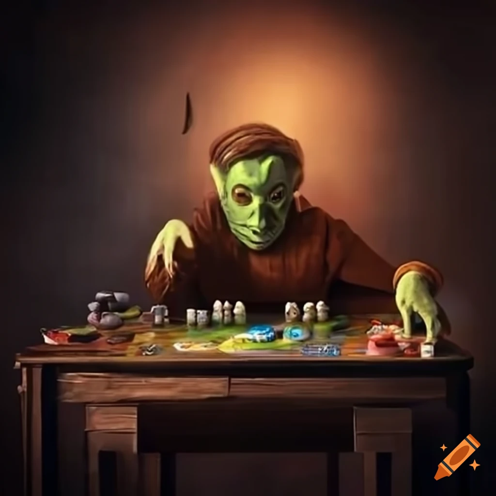 Human player at table with board game of movie monsters on Craiyon