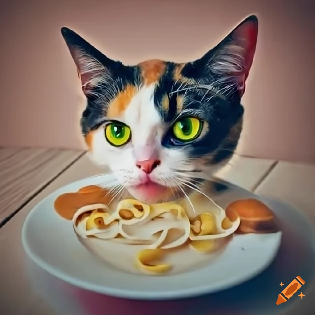 Calico cat delicately enjoying a plate of pasta on Craiyon