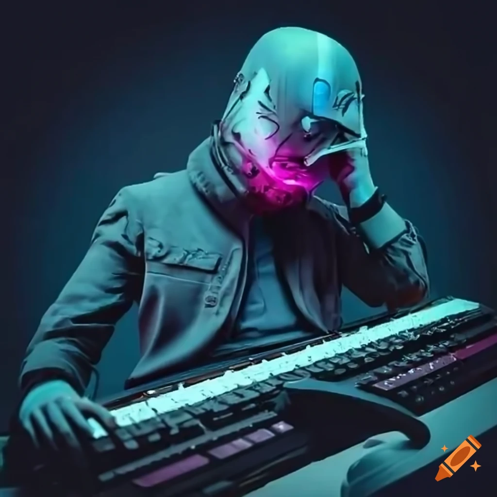 Man wearing a cyberpunk mask playing keyboard on Craiyon