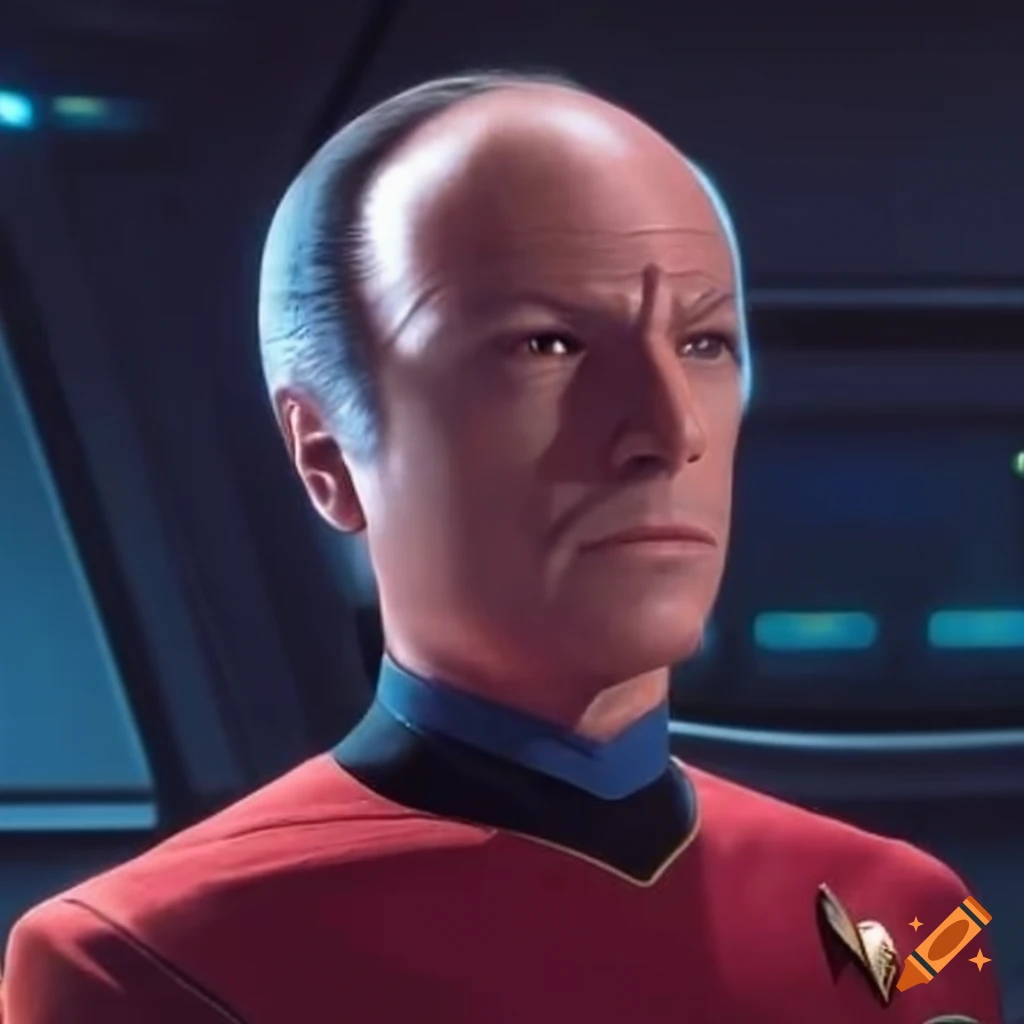 Starfleet captain commanding the bridge of a sleek spacecraft on Craiyon