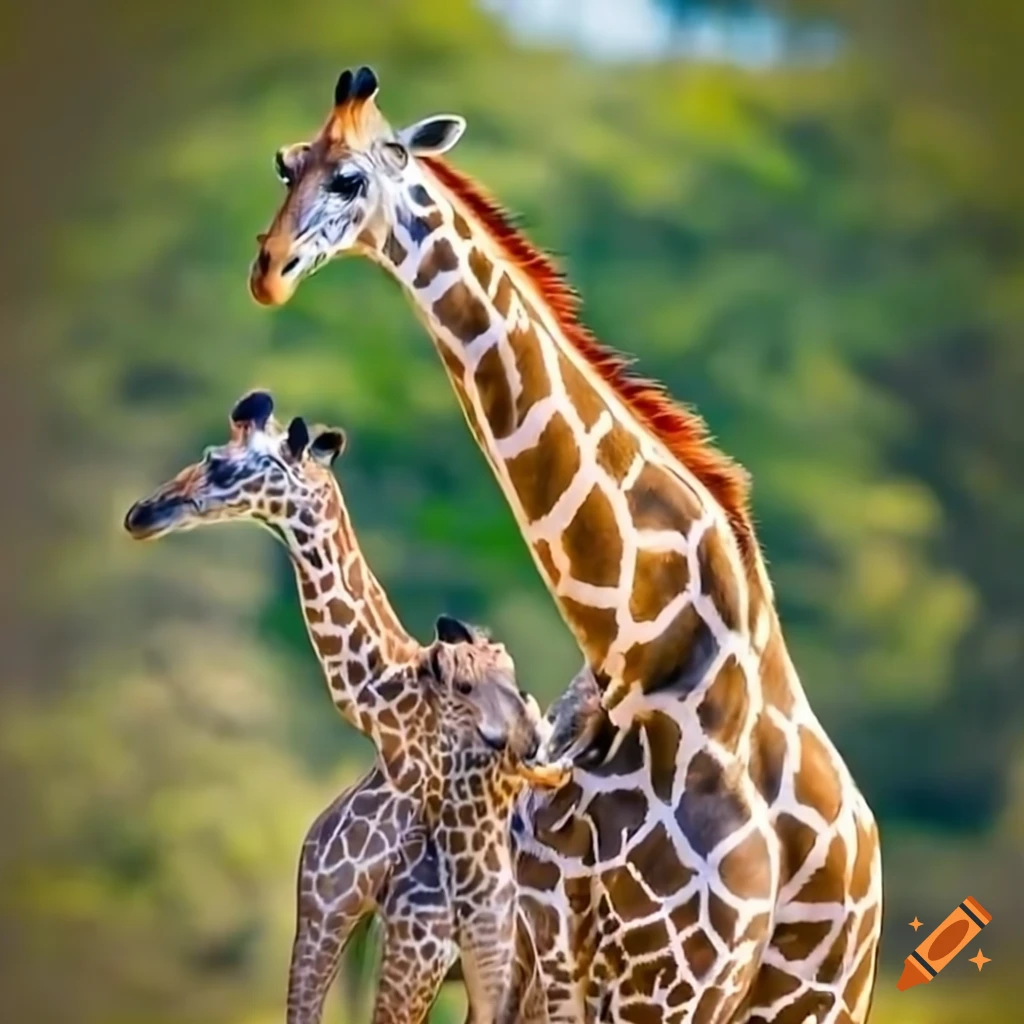 Mother giraffe caring for her baby in the wild on Craiyon
