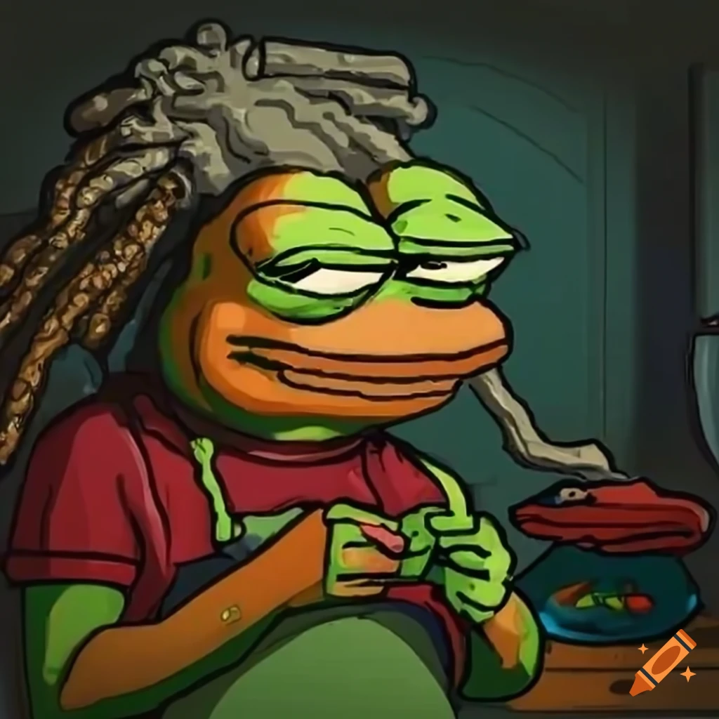 Pepe the frog with dreadlocks cooking in a kitchen on Craiyon