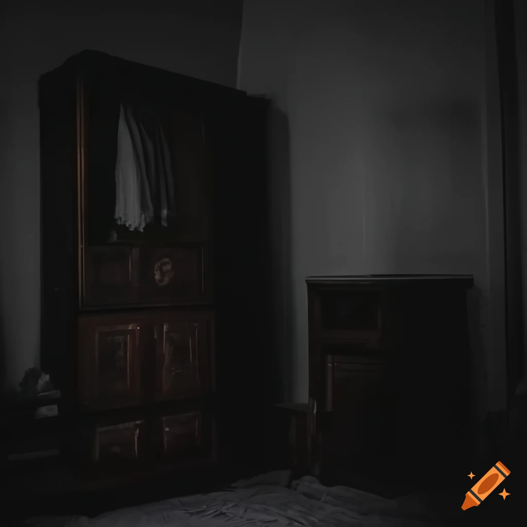 Dark and eerie room with a drawer, picture, and wardrobe at night on ...