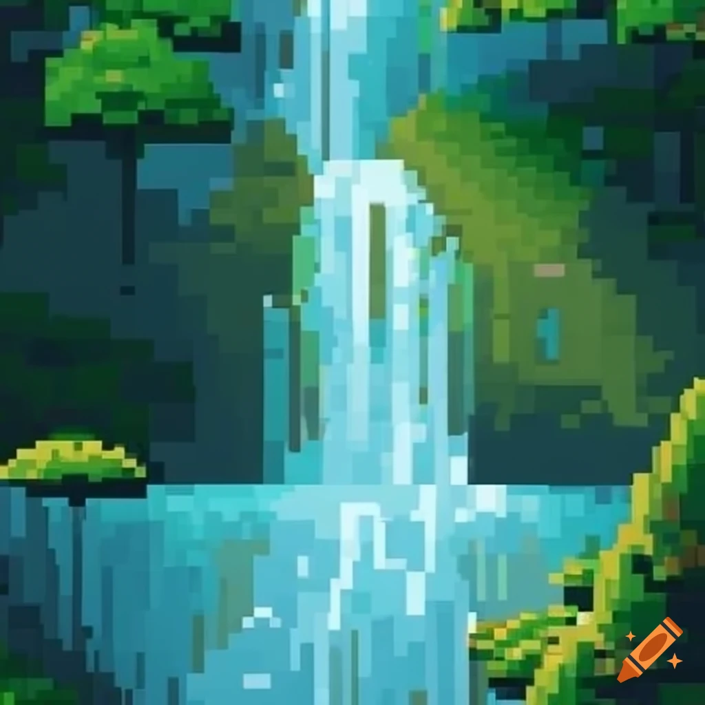 Detailed pixel art waterfall in a forest with pastel rainbow colors on ...