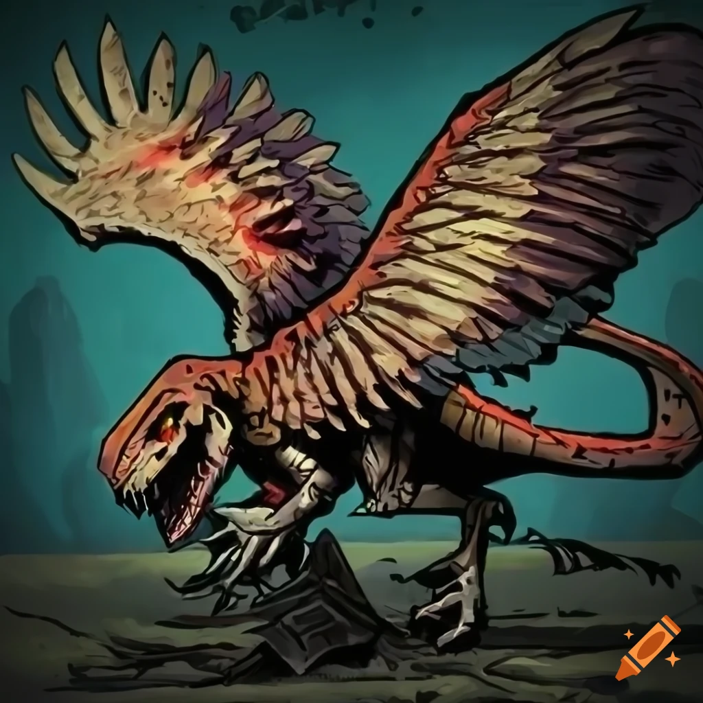 Feathered velociraptor dinosaur in a dark fantasy setting on Craiyon