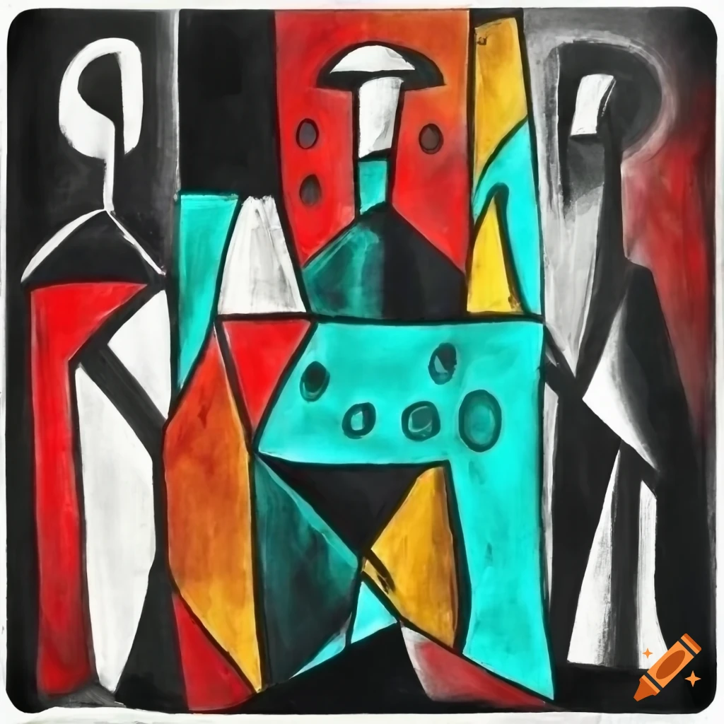 Surrealistic cubist black and white doodles with red, yellow, and ...