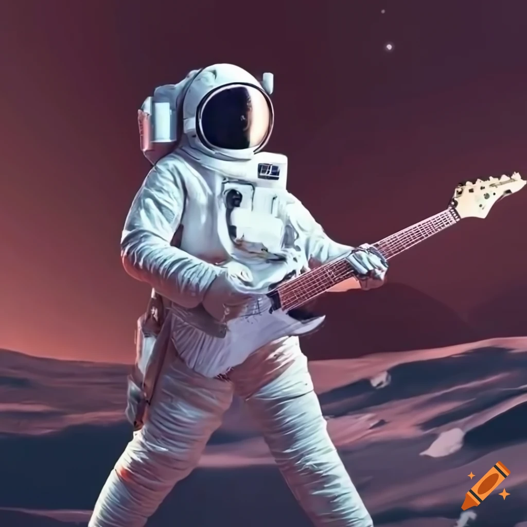 Astronaut playing electric guitar on mars with alien environment ...