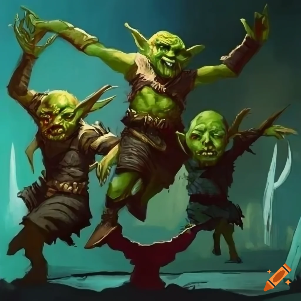 Three goblins performing a war dance in a fantasy art piece on Craiyon