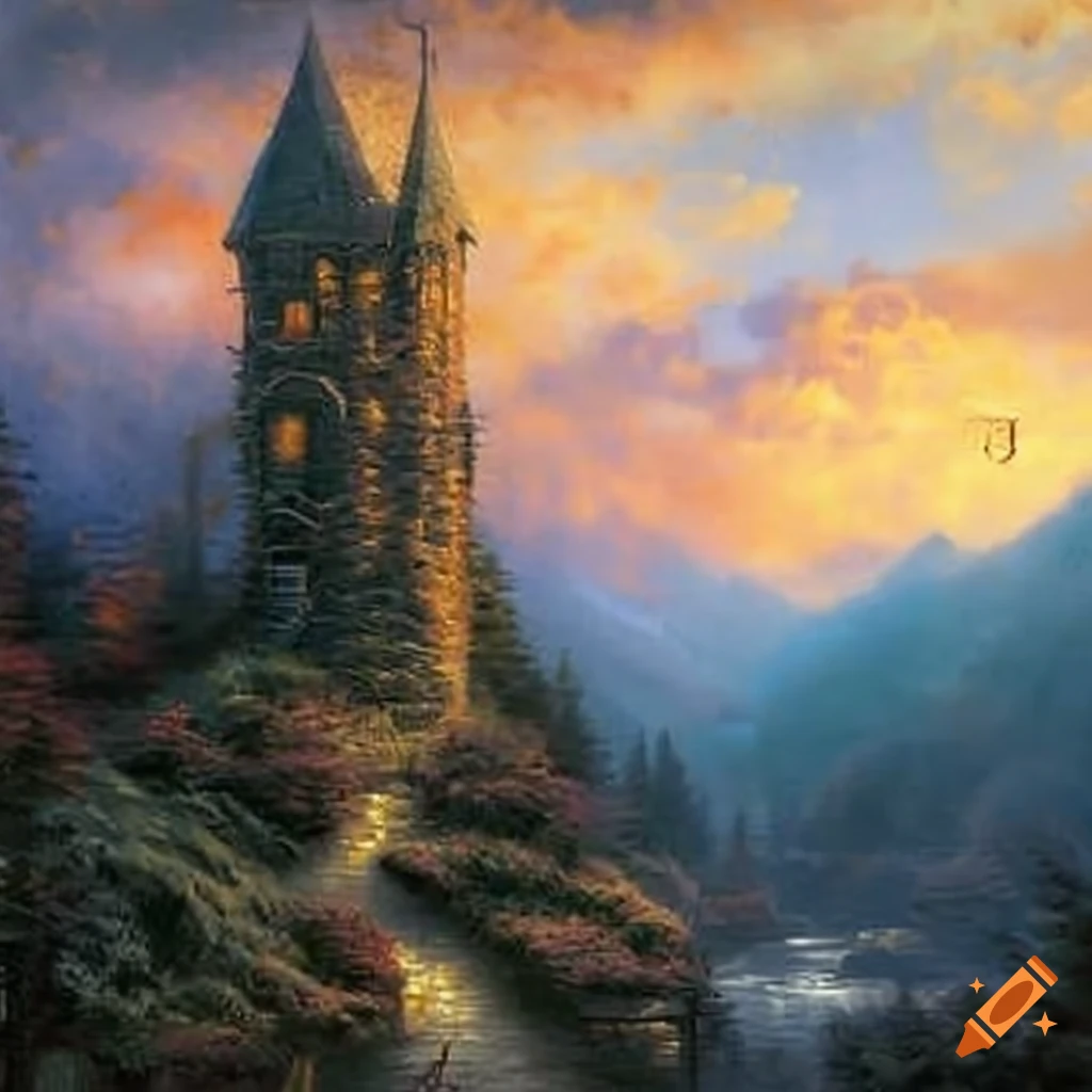 Wizard's tower at the foot of a mountain range with surrounding stone ...
