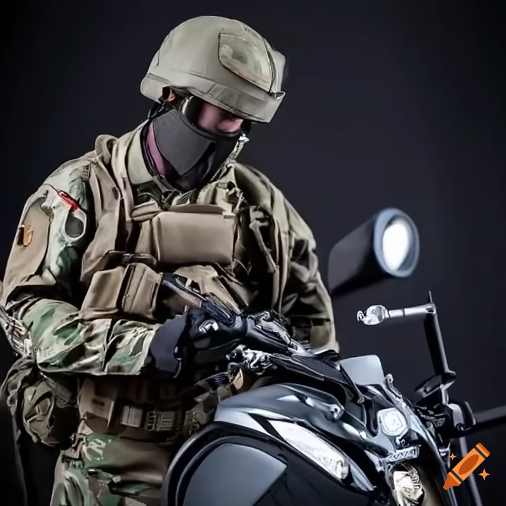 Soldier riding a yamaha mt07 motorcycle on Craiyon