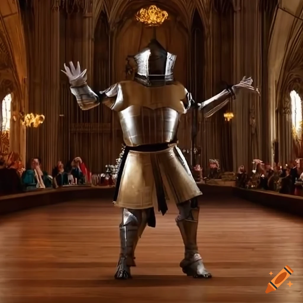 Knight dancing at a medieval feast in a grand hall on Craiyon