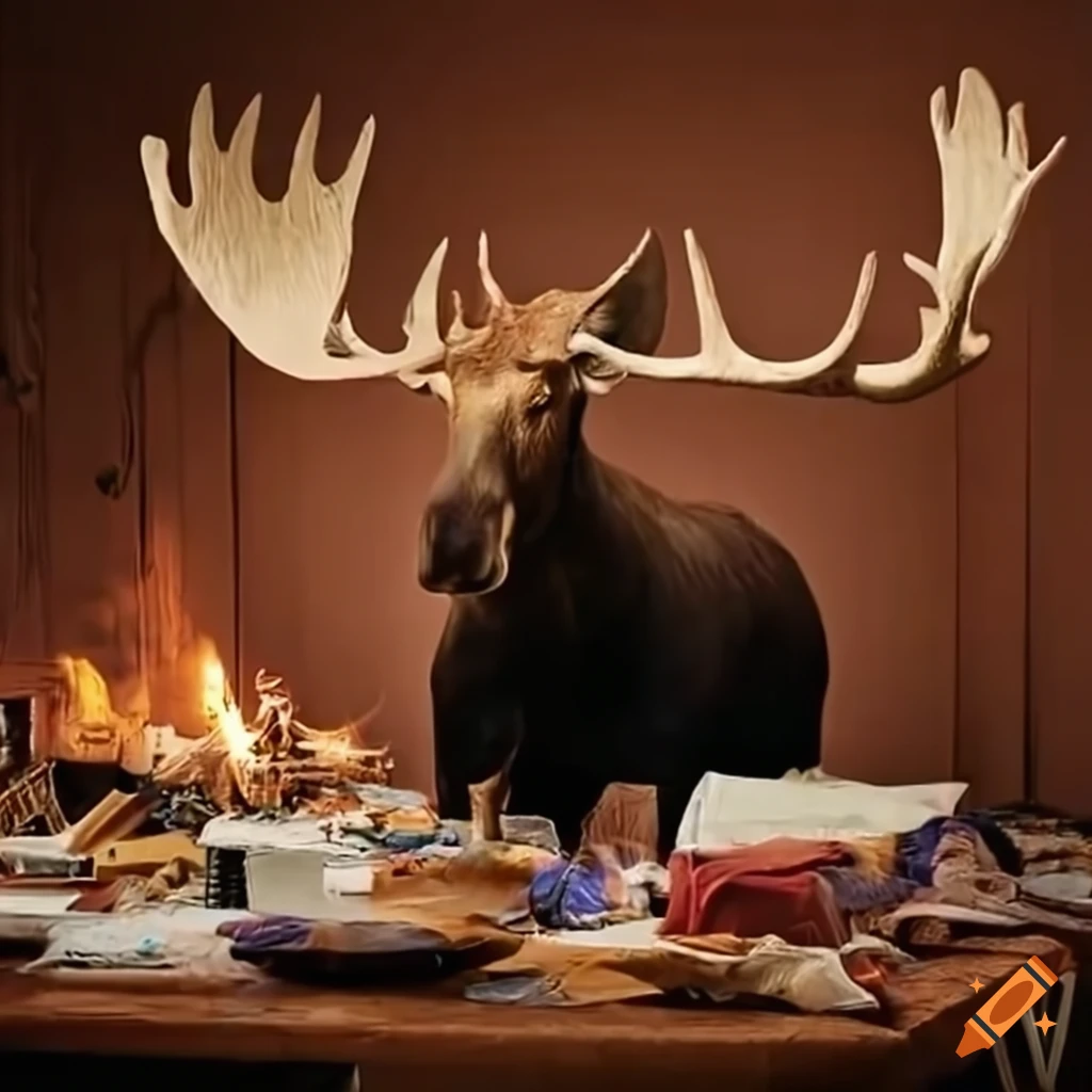 Giant moose exploring a messy living room with family on Craiyon