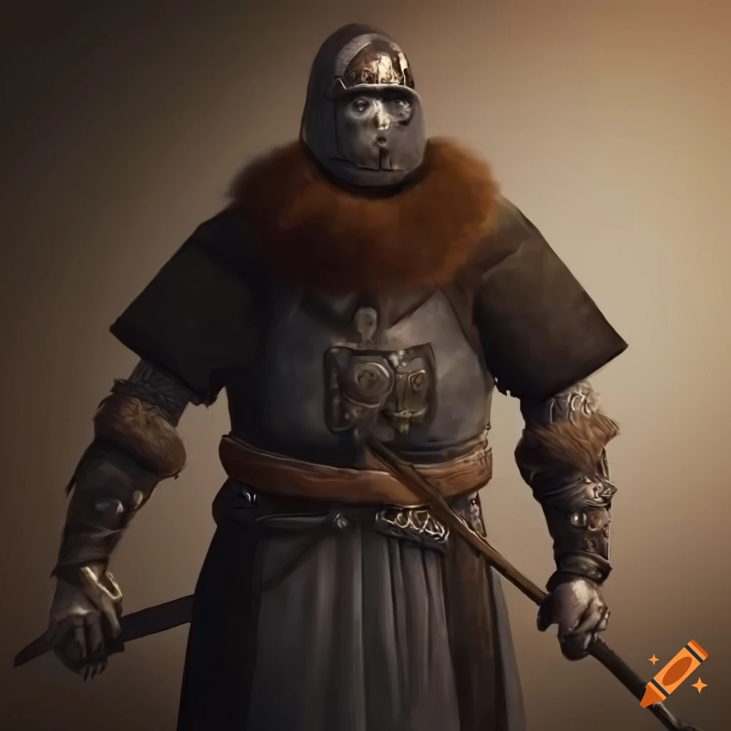 Bronze age guard in leather tunic and fur cloak with ragged beard in ...