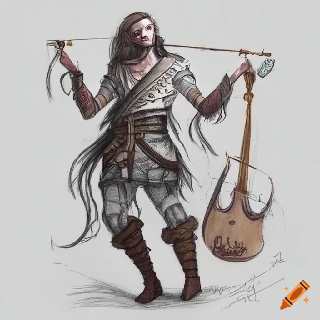 Rugged male bard with long hair and handscythe, playing multiple ...