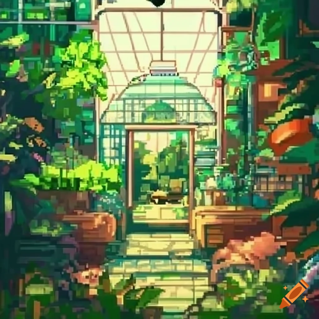 Greenhouse with diverse plant styles like colorful pixel-art, realistic ...