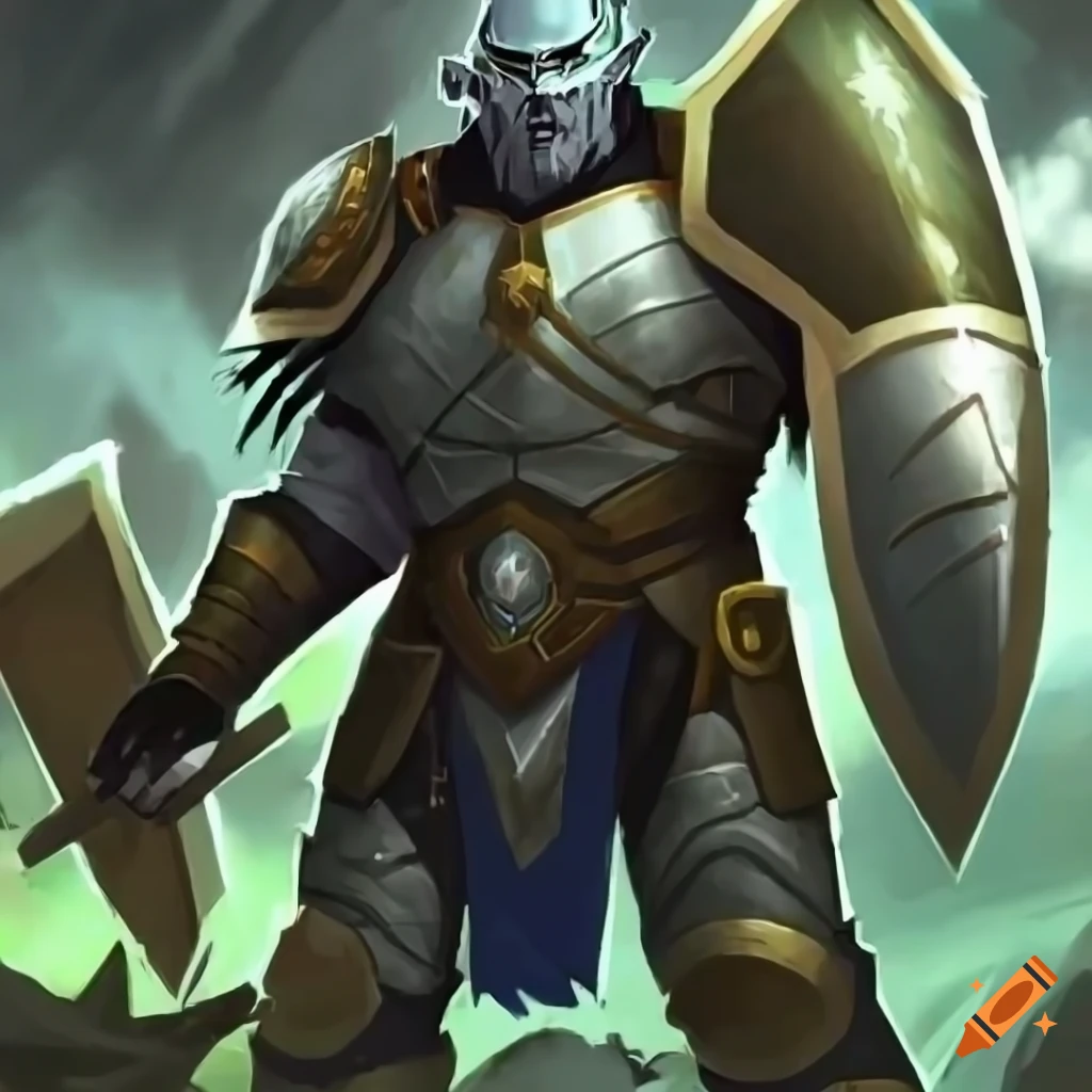 Goliath paladin with black hair wielding warhammer and shield on Craiyon