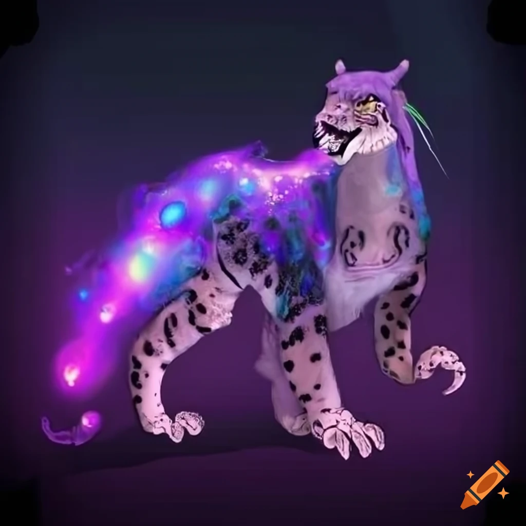 Mythical snow leopard hybrid with spikes, fangs, and purple aura in its ...