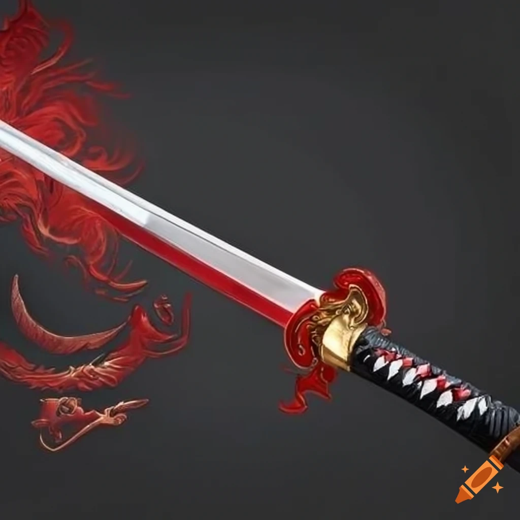 Sleek sci-fi katana sword with phoenix motifs in red, white, black and ...