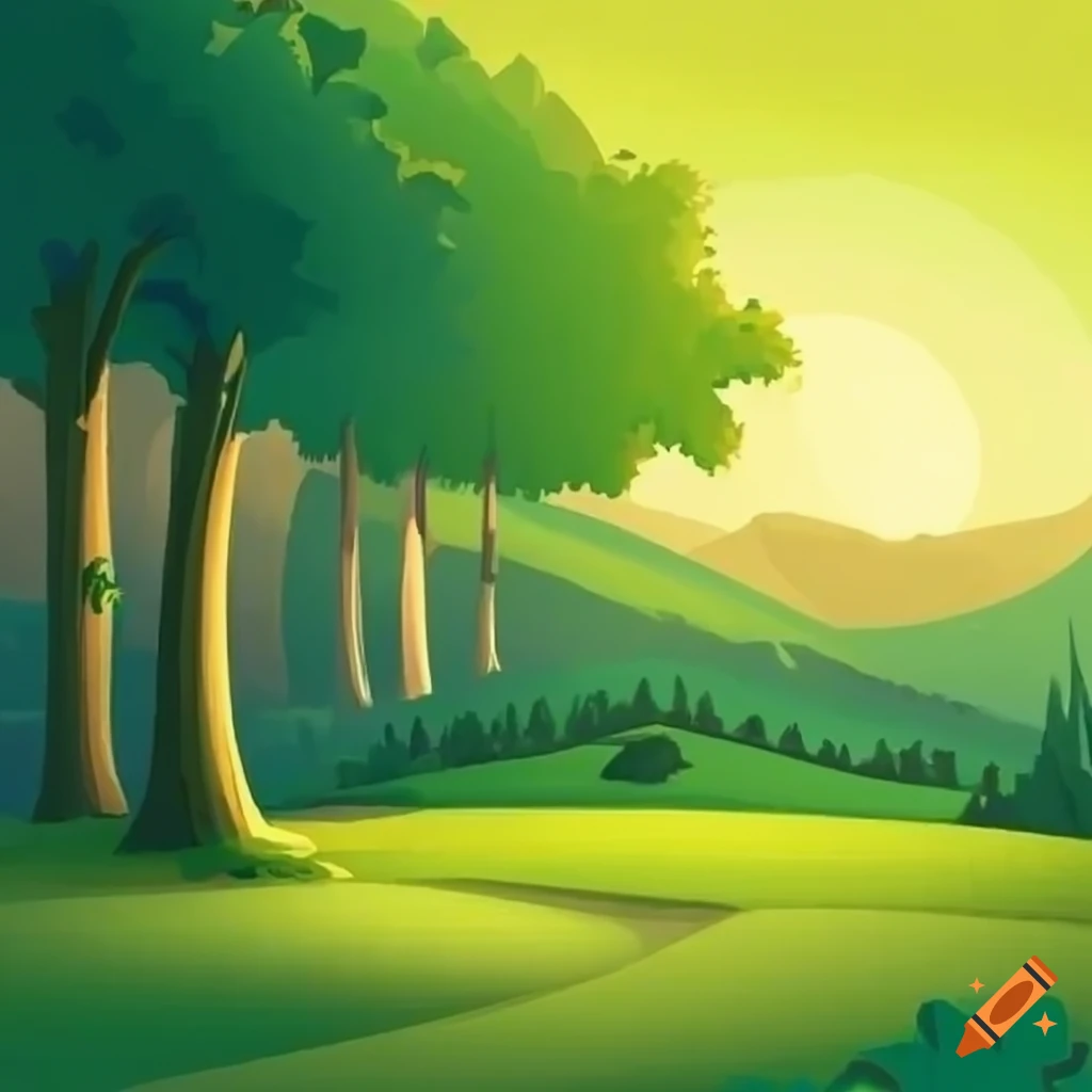Cartoon green valley with sunlight through trees on Craiyon