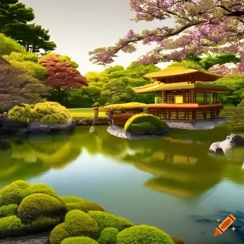 Japanese garden scene on a spring morning on Craiyon