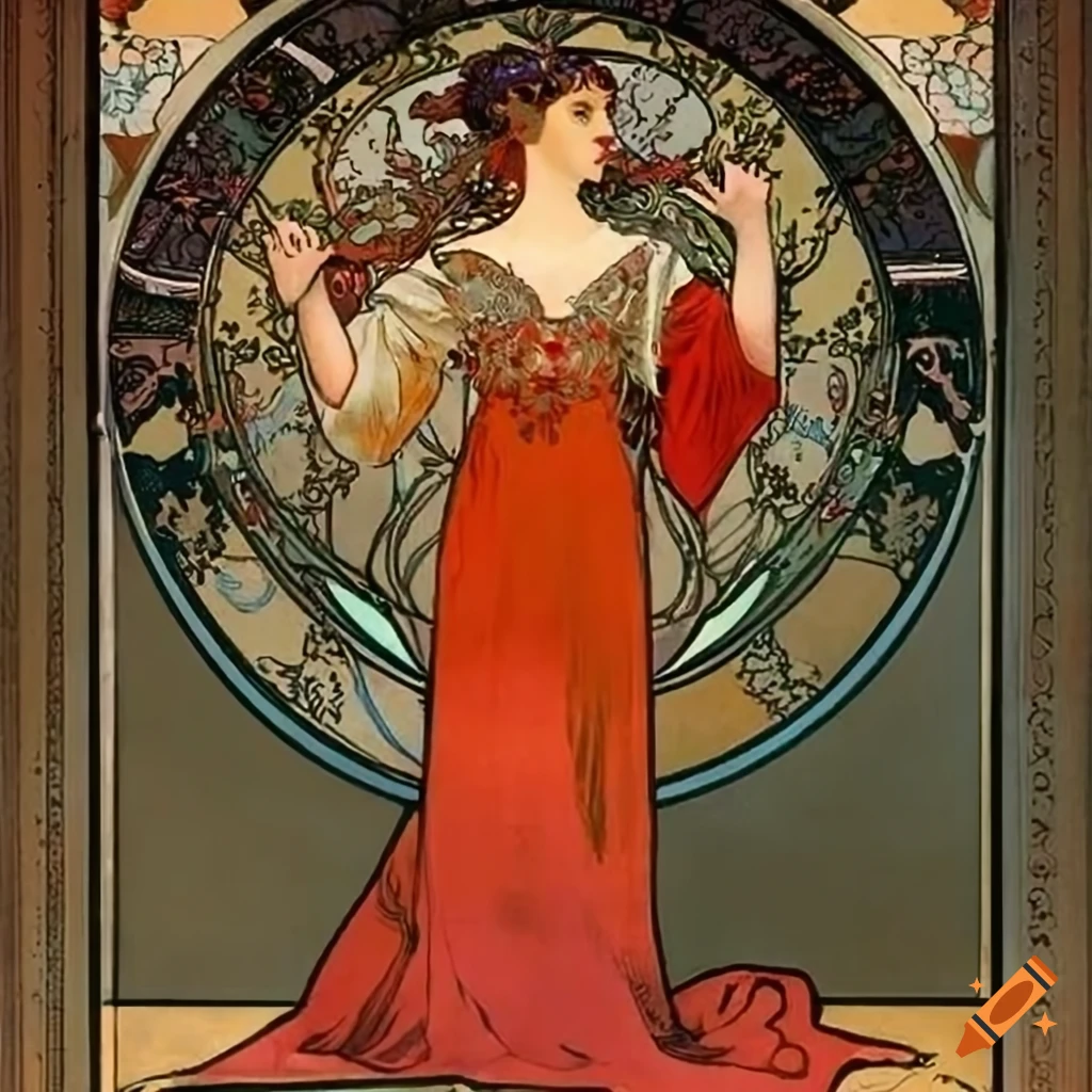 Portuguese woman in red robe with dark hair in the style of alphonse ...