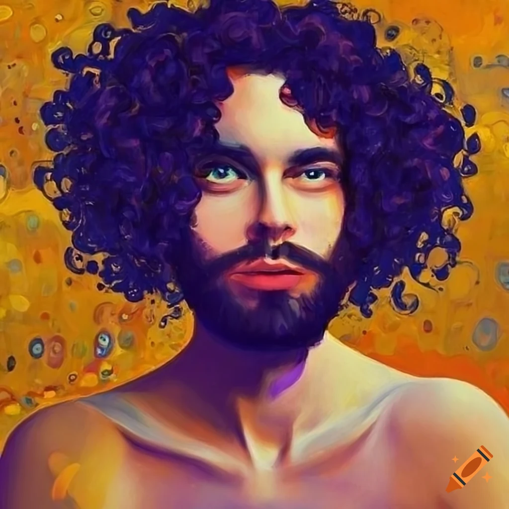 Skinny man with curly hair and beard on abstract Klimt-style background ...