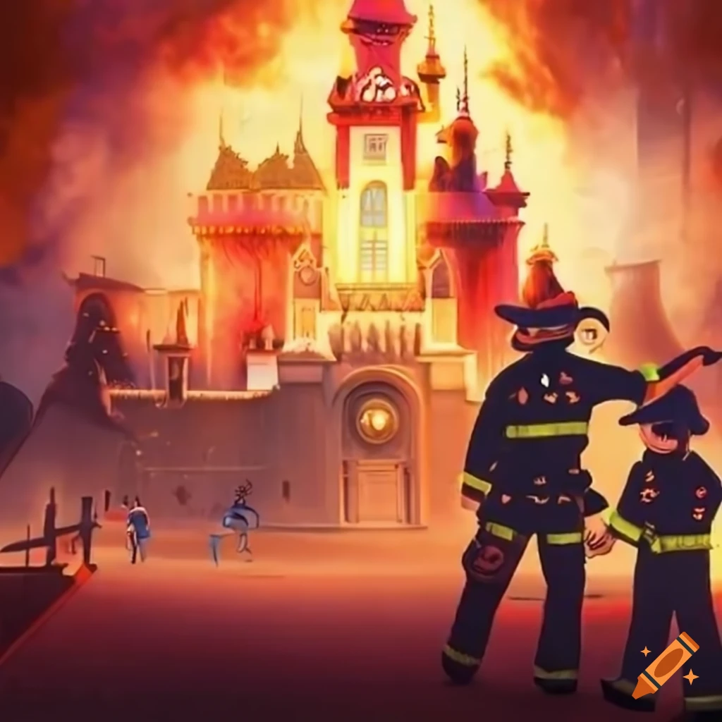 Firefighters and children heading to disneyland in an animated poster ...