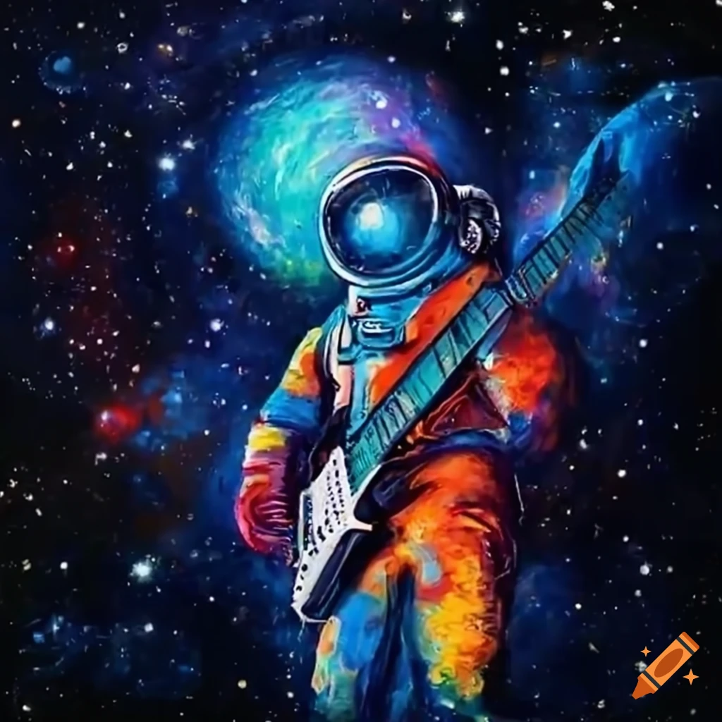 Astronaut playing electric guitar in a cosmic environment on Craiyon