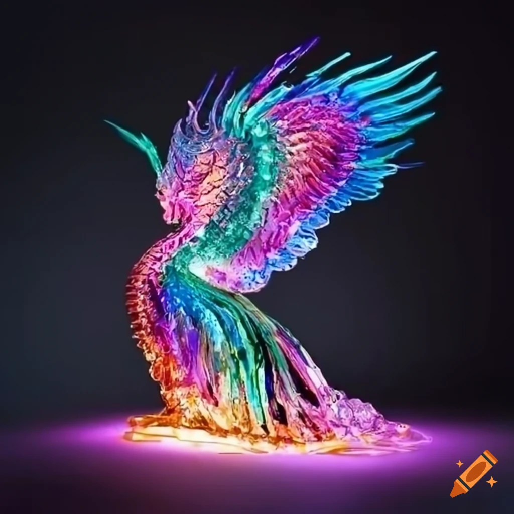 Colorful phoenix sculpture made of sparkling crystals on Craiyon
