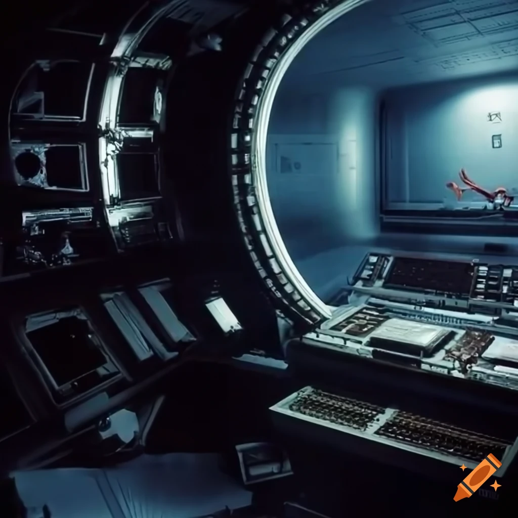 1970's sci-fi spaceship bridge with detailed computers and control ...