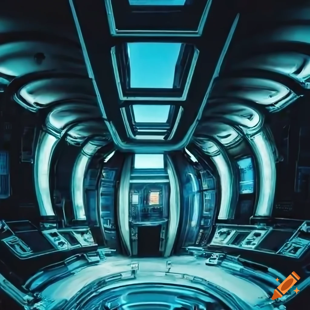 1970's sci-fi spaceship bridge with computers and control panels on Craiyon
