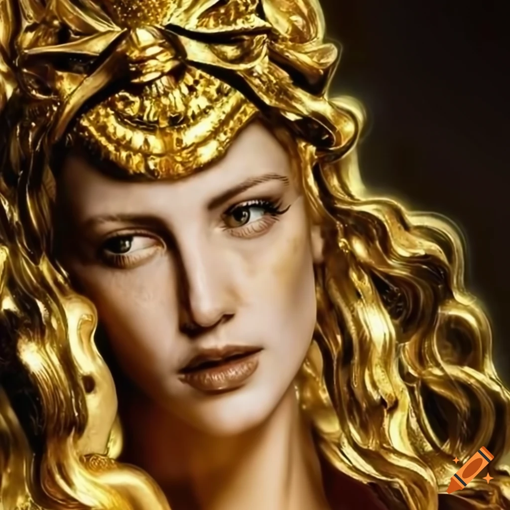 Illustration of goddess athena with golden aura and olive crown on Craiyon