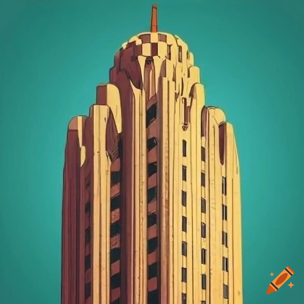 1930s art deco office building in a vintage 2d art style on Craiyon