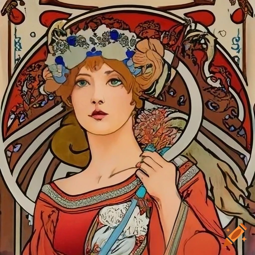 Alphonse Mucha's artwork of a woman in a red robe with traditional blue ...