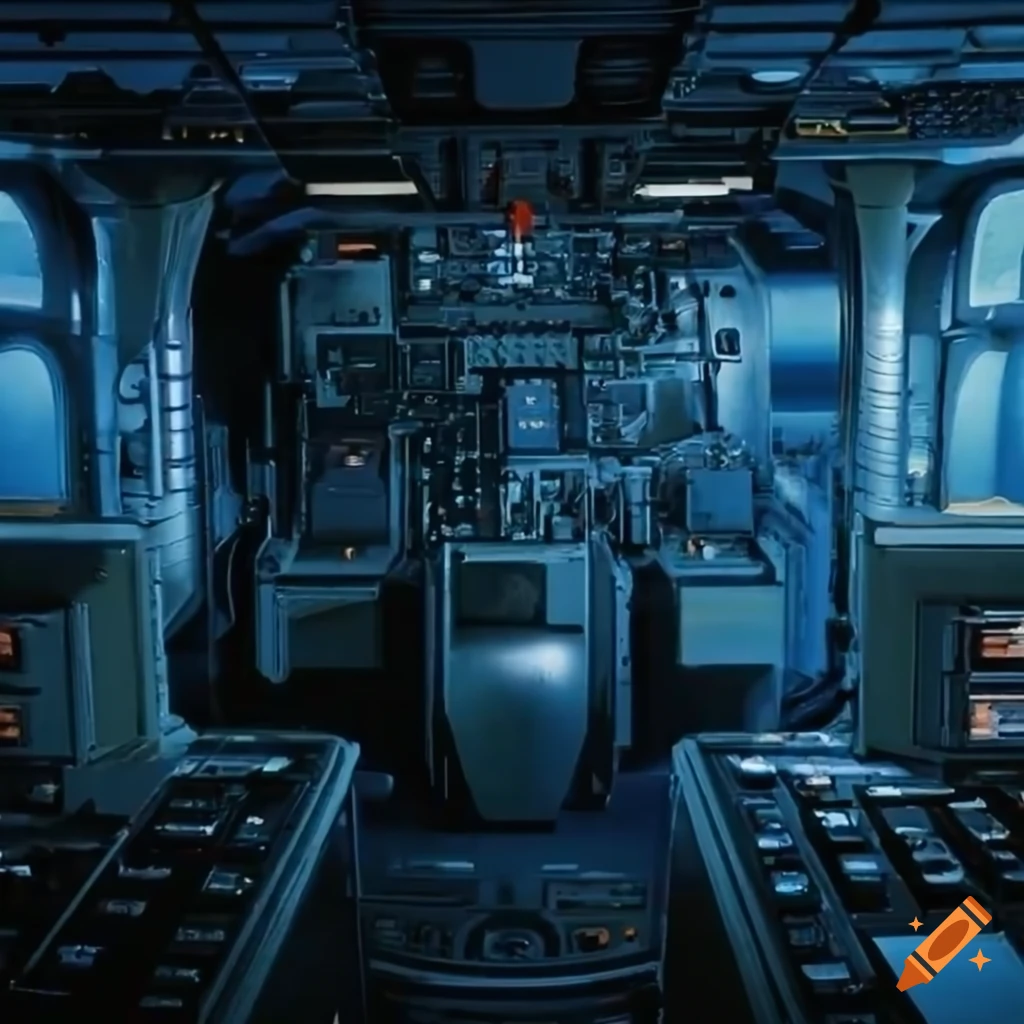 1970's sci-fi spaceship bridge with detailed computers and control ...